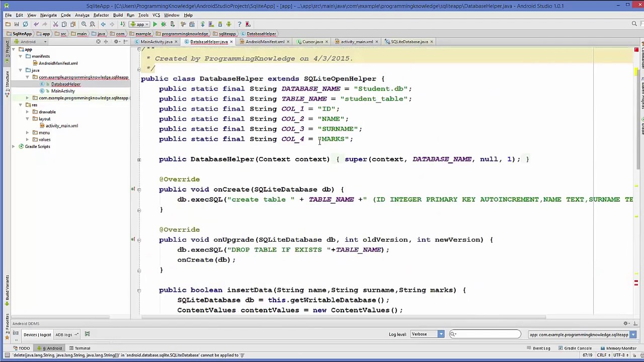 Android SQLite Database Tutorial 6 # Delete values in SQLite Database table using Android   YouTube