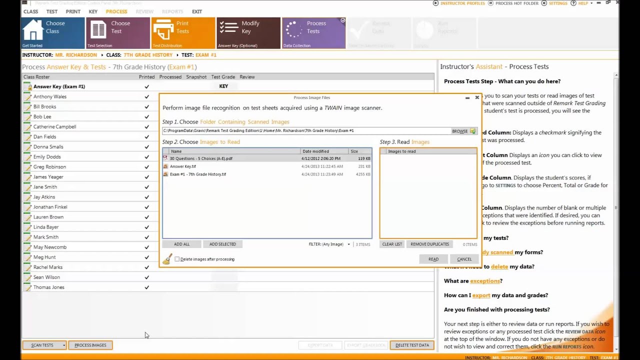 Remark Test Grading Edition Interface: Process Tests: Processing Test Answer Sheets