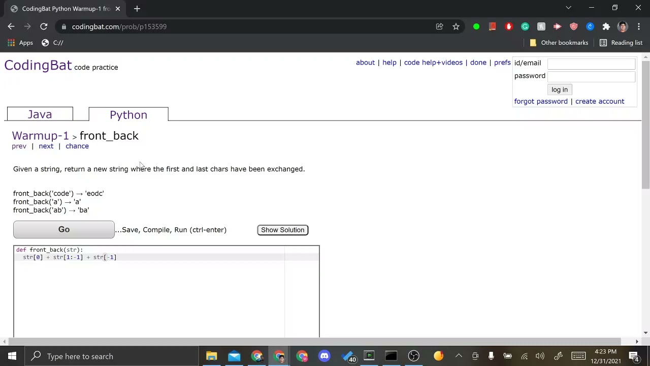 Coding Bat Problem 11 Front Back