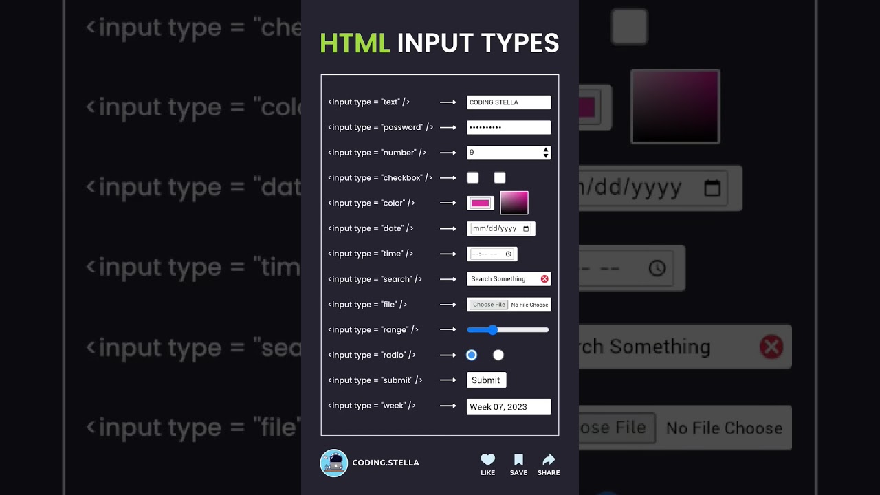 HTML Input Types 🤯 HTML Input Cheatsheet 🎖️ #html #learnhtml