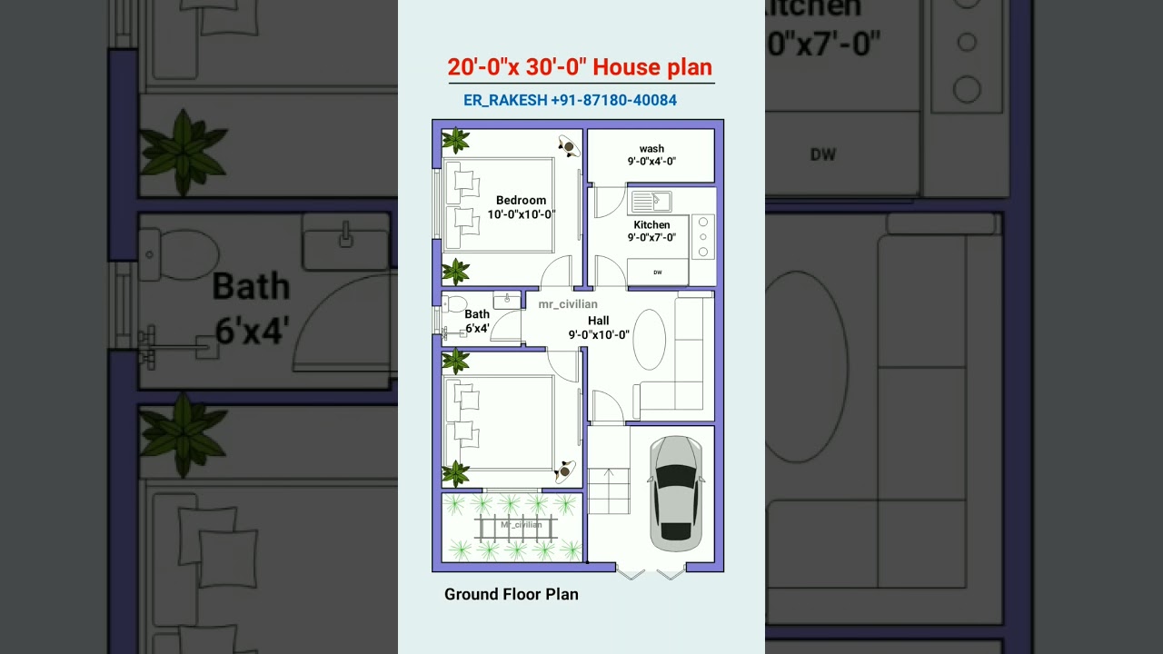 20x30 house plan with car parking, 2bhk 20' by 30' home plan, 20*30 house design, house map #shorts