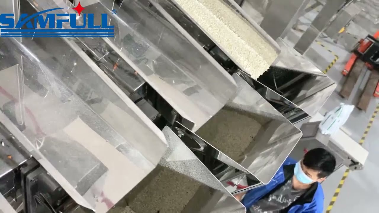Automatic 1kg 2kg 5kg 1-10kg rice weighing packaging machine, 4 head linear weigher packing machine