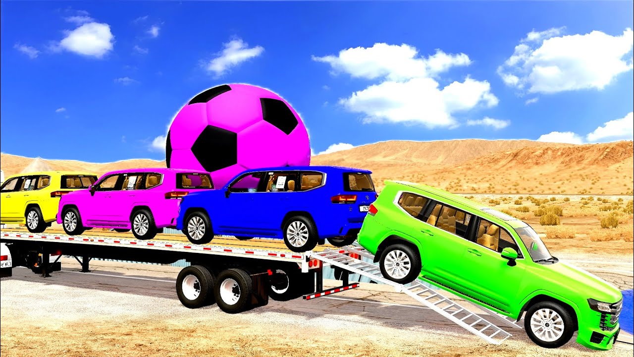 Four Trucks Transporting cars with Flatbed Trailers | Cars vs Speedbump vs Train vs Pothole #000