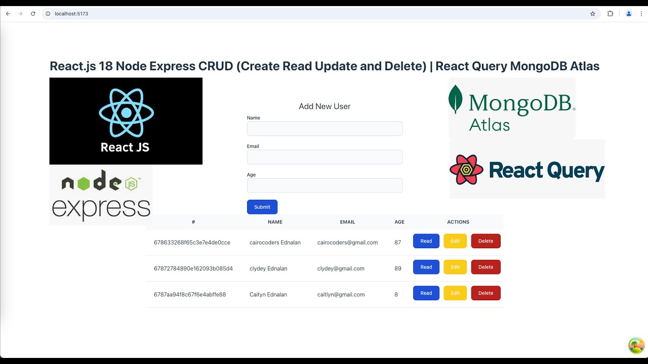 React.js 18 Node Express CRUD (Create Read Update and Delete) | React Query MongoDB Atlas