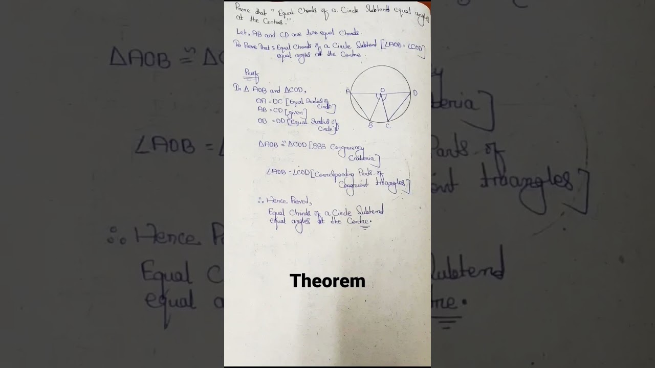 Class 9 Circles Theorem:-Equal Chords of a Circle Subtends Equal Angles At the centre.