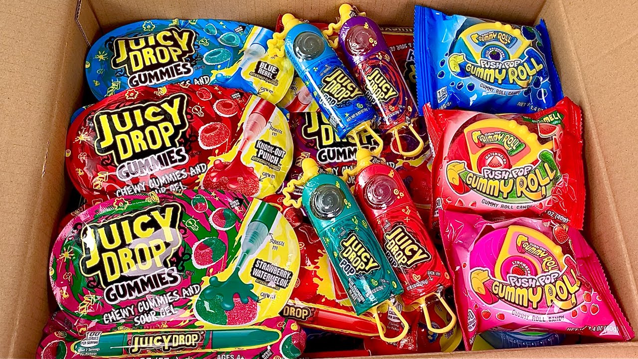 Unboxing Juicy Drop Pop Candy Snack Box Gummy Jelly Satisfying ASMR Food Challenge Mukbang