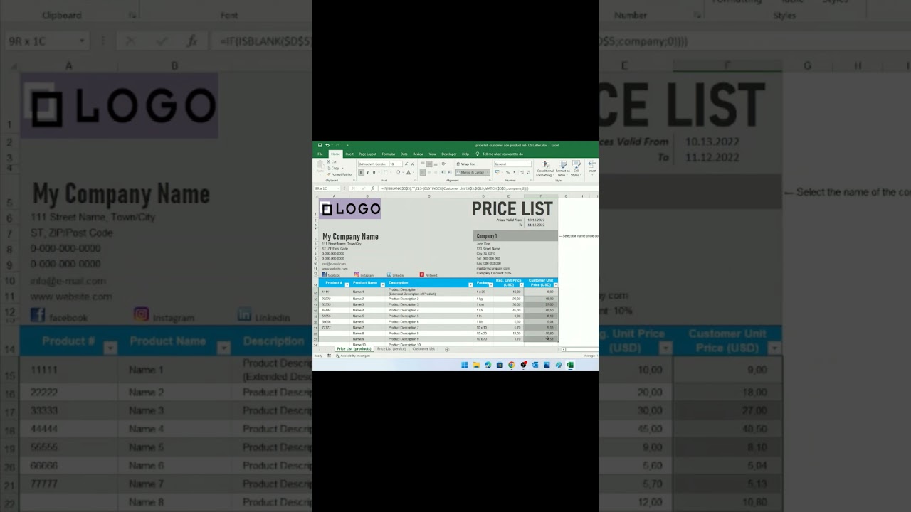 Excel price list template, Google sheets template, instant download