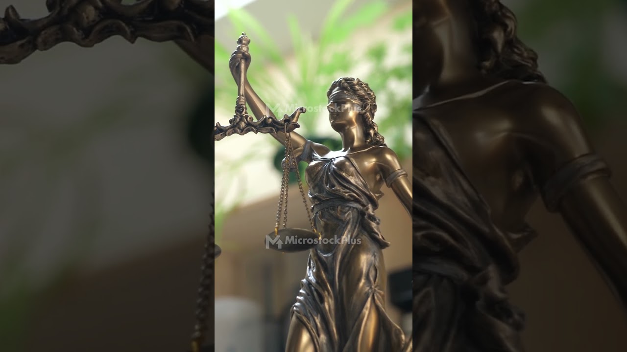 Statue of Themis or Lady Justice on Bookshelf Background