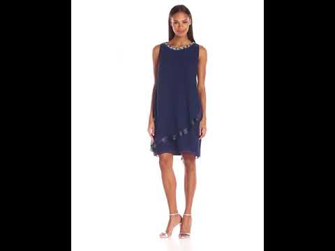 SL Fashions Women's Embellished Neck Drape Front Chiffon Dress