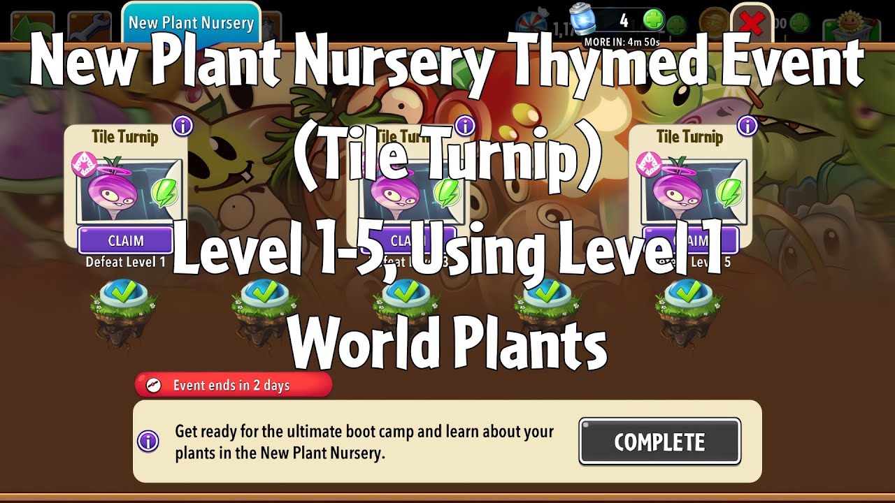 PvZ2 NPN Thymed Event (Tile Turnip), Level 1-5, Using Level 1 World Plants - Gameplay