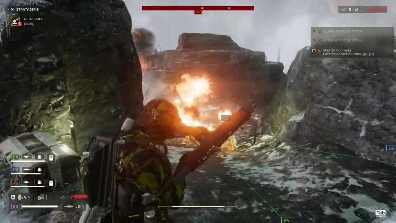Helldiving in Helldivers 2 as a Helldiver with some fellow Helldivers