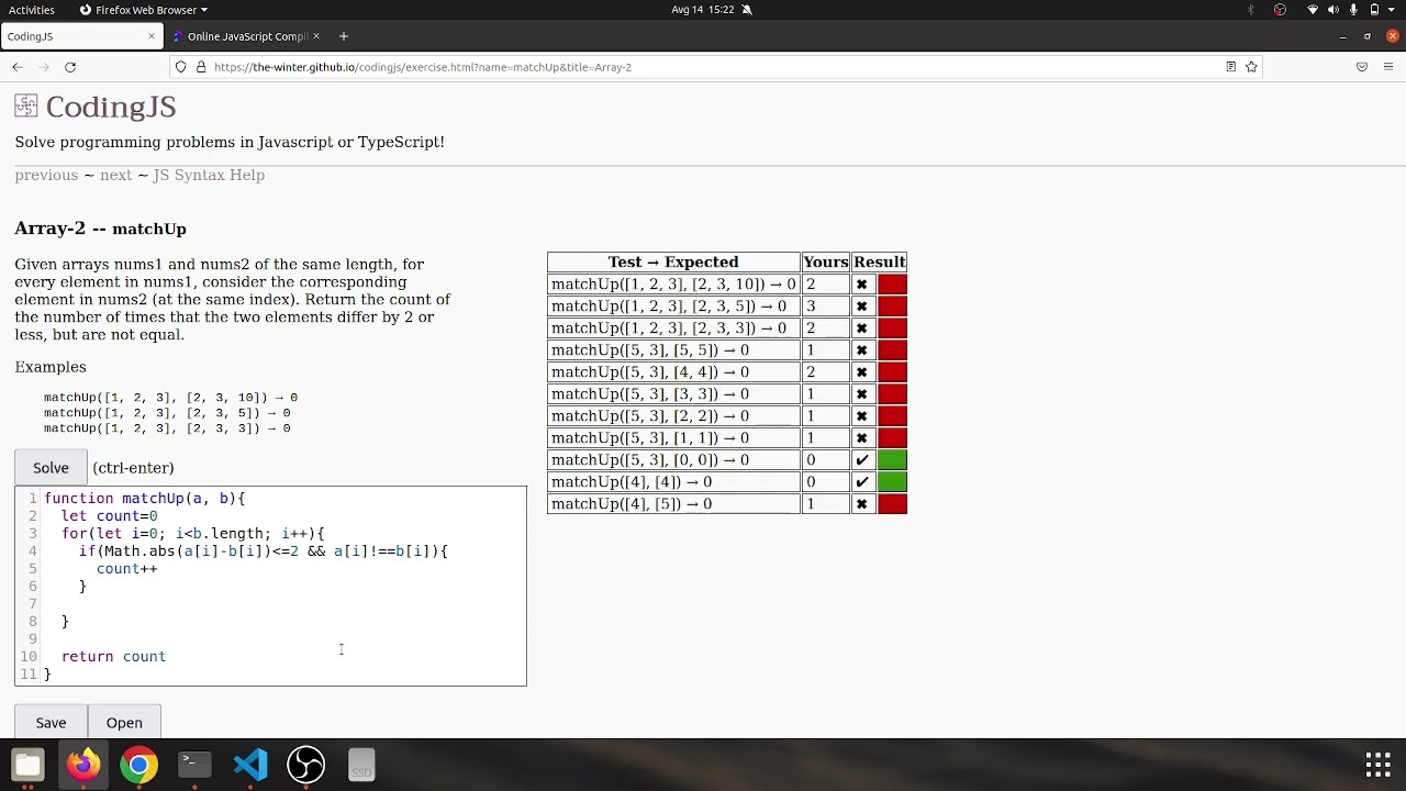 Codingjs (Codingbat)  Array-2 --matchUp  Javascript solution
