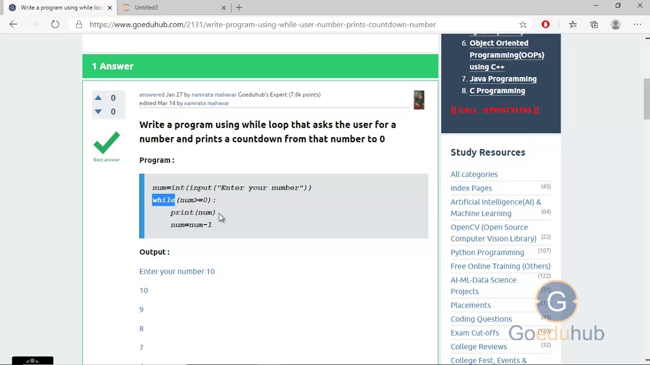 A program using while loop that asks user for a number and prints a countdown from that number to 0