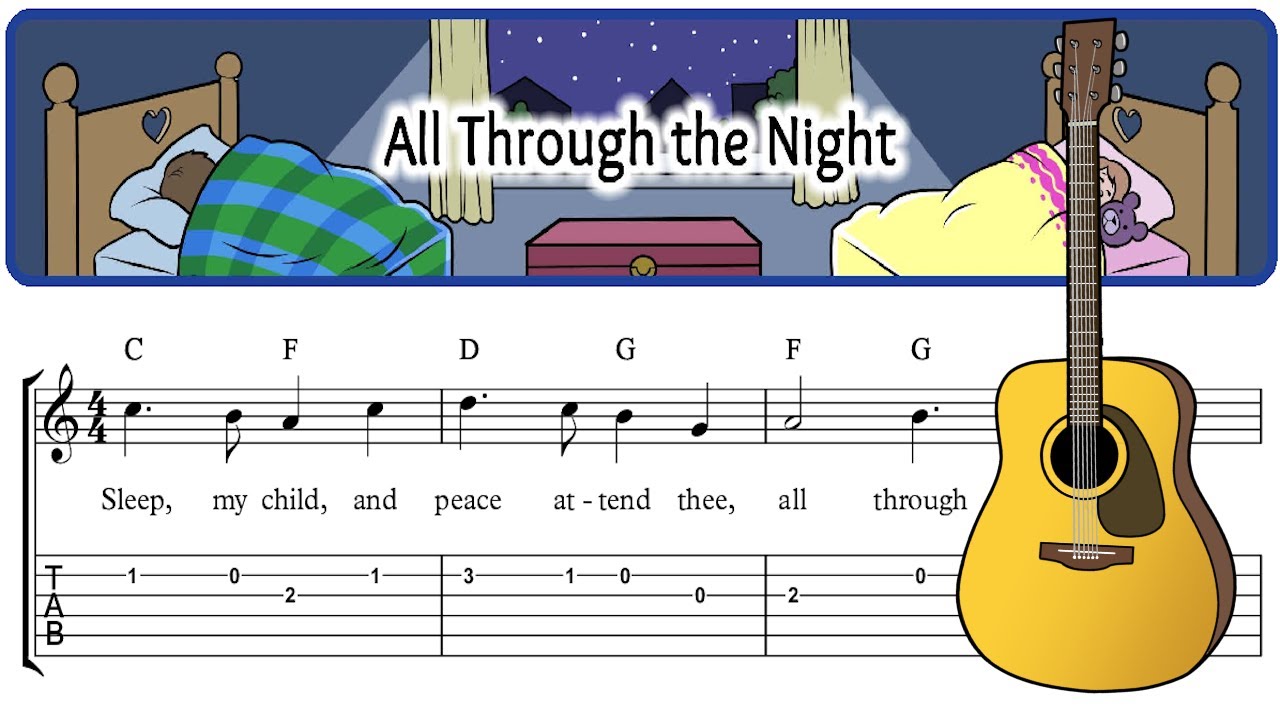 All Through the Night - Easy Christmas Guitar Sheet Music with TAB, Chords & Lyrics