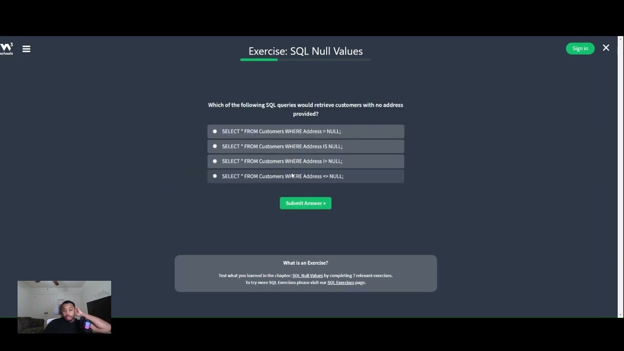 W3SCHOOLS PRACTICE SQL  INSERT INTO, NULL, UPDATE