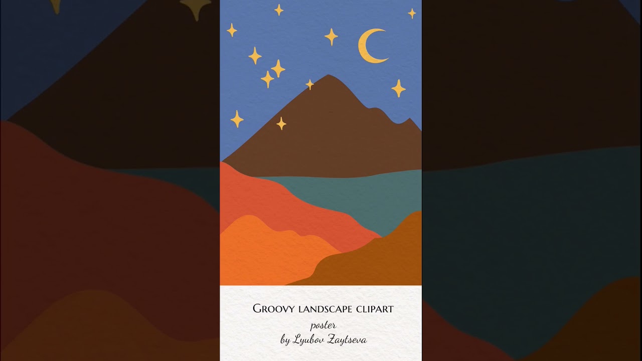 groovy landscape clipart, Vector illustration with mountains, abstract retro waves