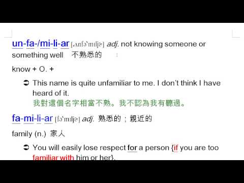 unfamiliar: 不熟悉的, familiar, 熟悉的, family, 家人, be familiar with, be ...