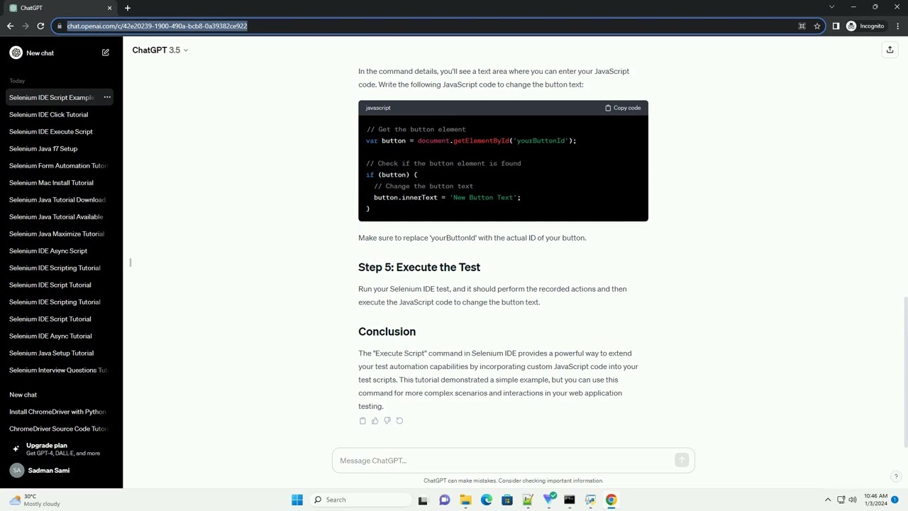 selenium ide execute script command example