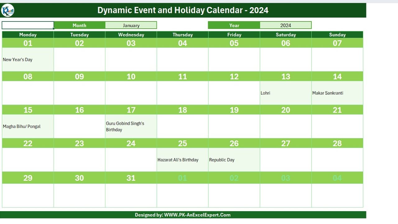 Printable Holiday and Event Calendar in Excel - FREE Download