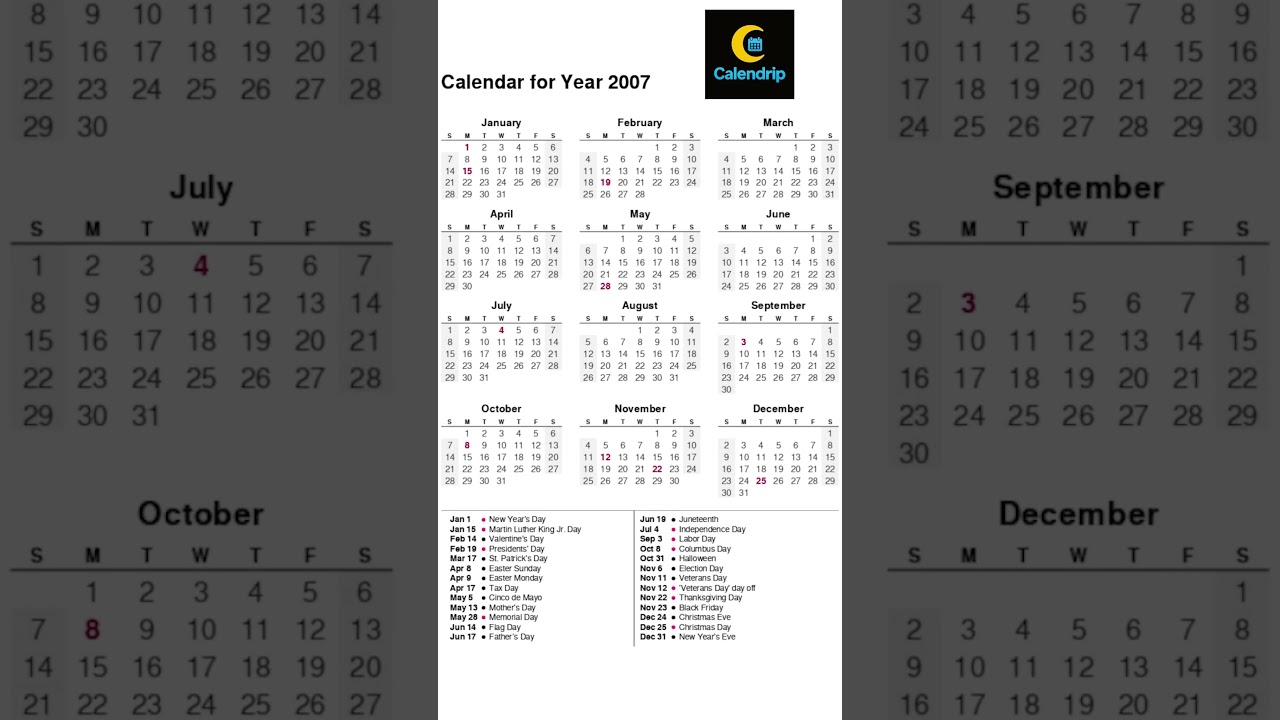 Calendar 2007 #monthsoftheyear #2007