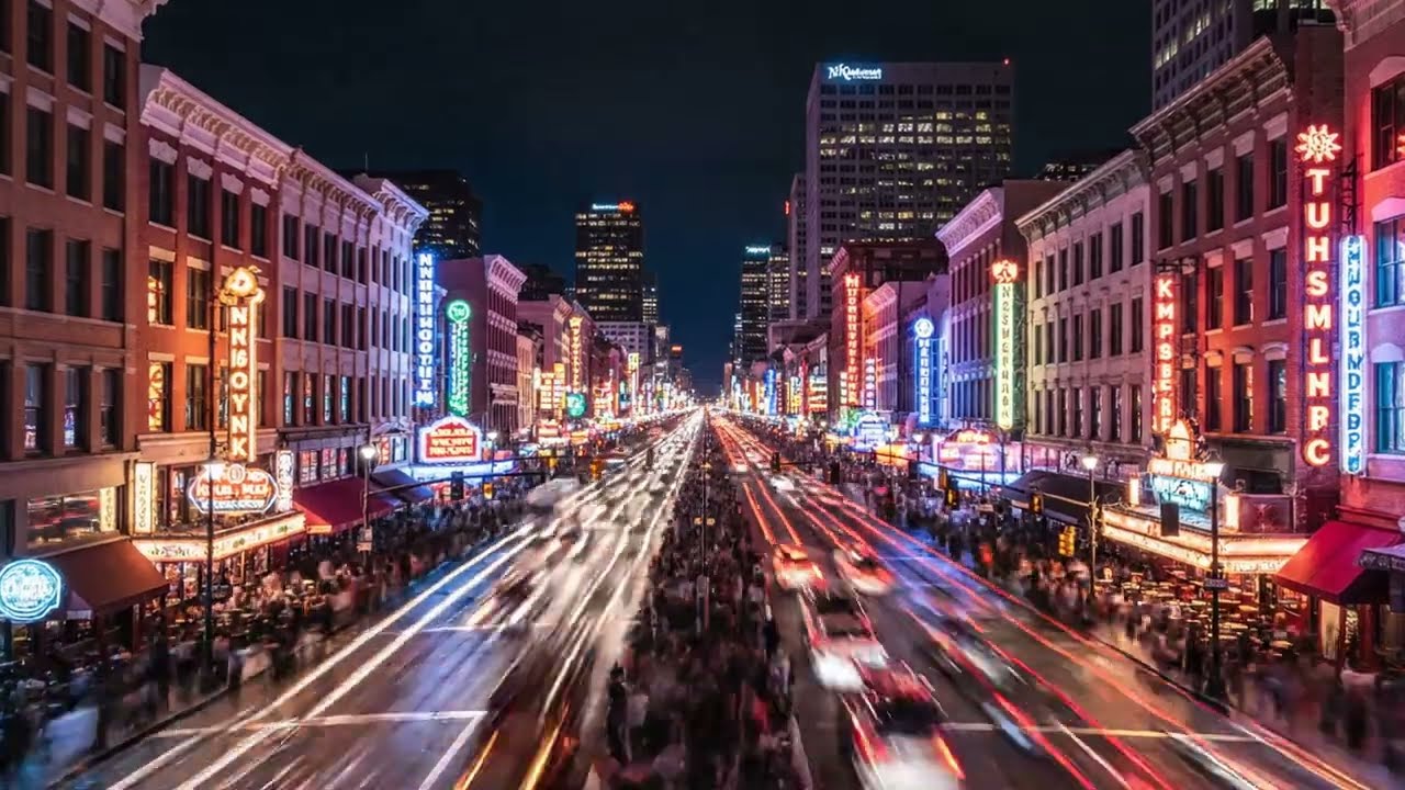 Nashville downtown at night, neon music district lights 🌆  No Copyright – Time Lapse