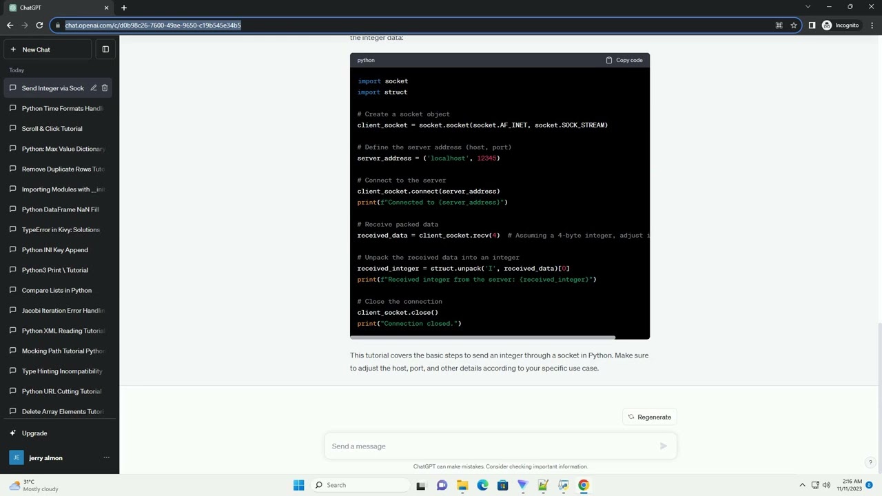 How to send integer through socket in python