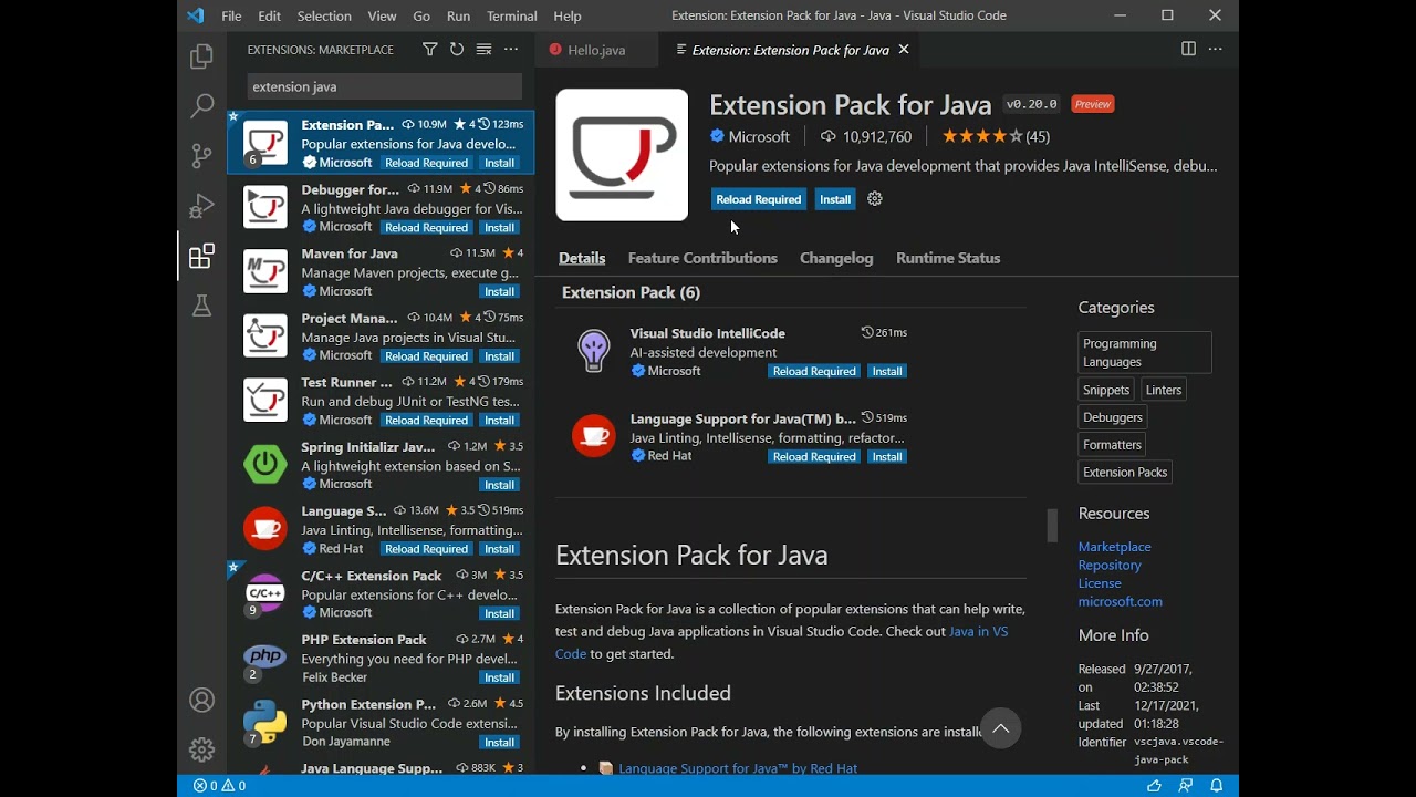 Installing Extension Java Extension Package in VS code