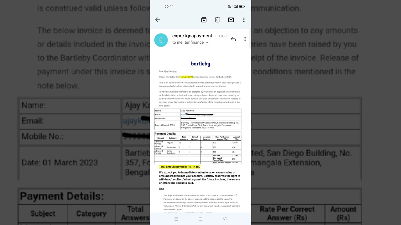 How much Bartleby pay amount per question?
