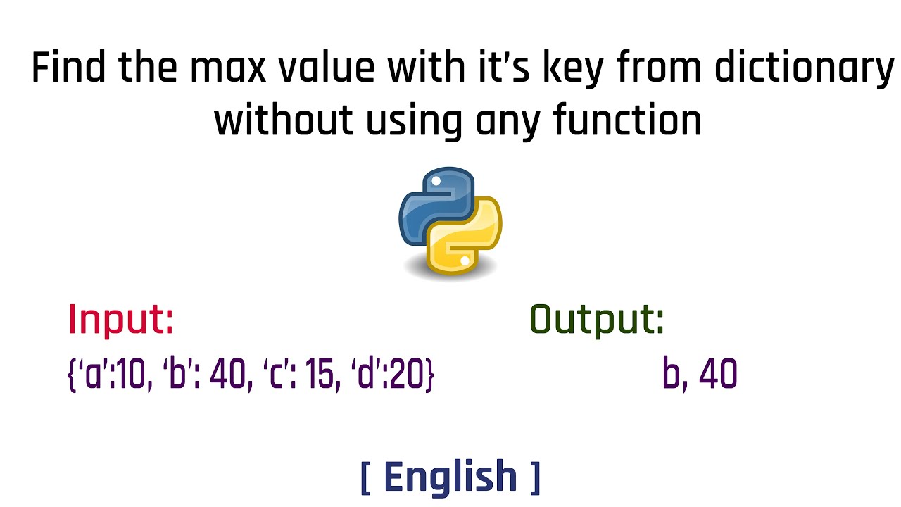 Find the max value with its key from the dictionary without using any function | Python | English