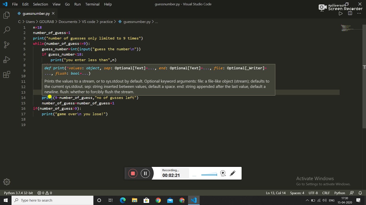 Exercise-2 Guess the number game in Python with source code