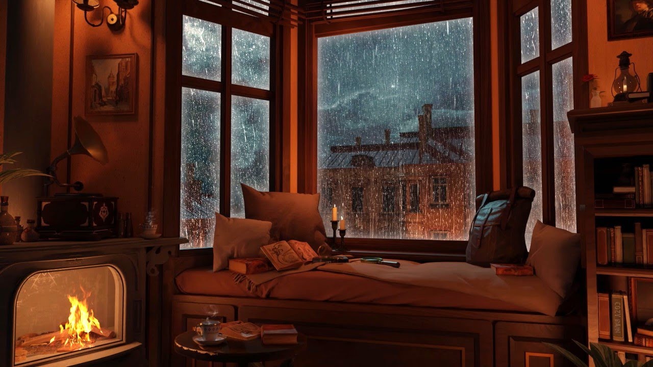 Cozy Reading Nook Ambience - Rain on Window & Thunder Sounds | Warm Fireplace
