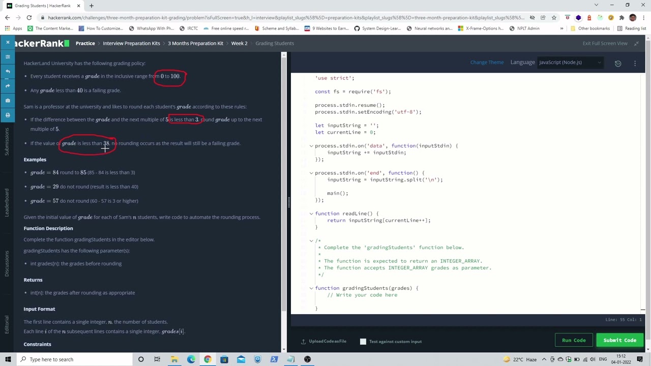 Hackerrank Grading Students Problem's Solution in JavaScript