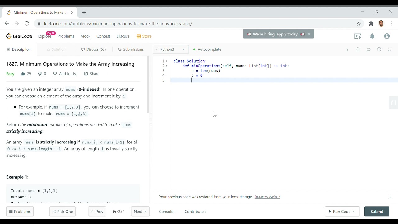 LeetCode 1827: Minimum Operations to Make the Array Increasing: Python Easy