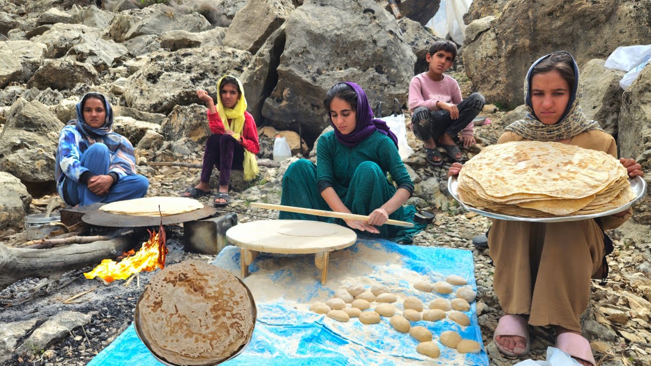 Baking Bread on Fire ☁️ Iranian Nomads Cave Life & Survival | Rebuilding Mountain Cave 🏔️