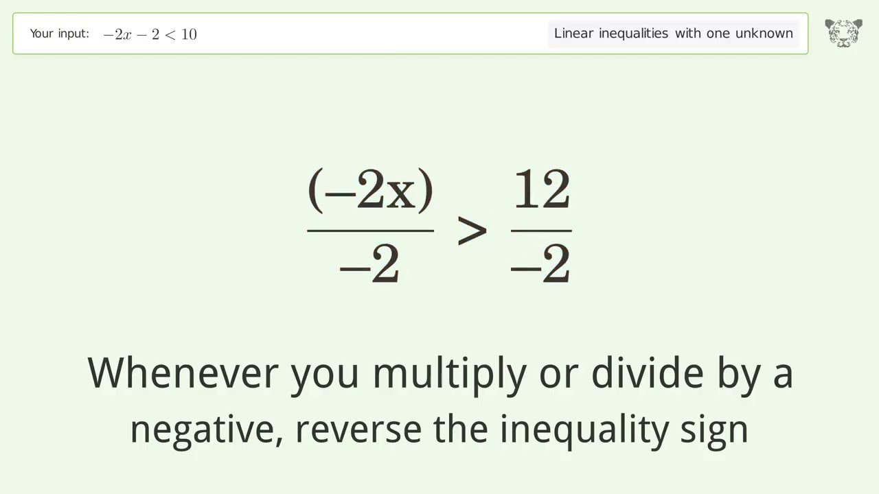 -2x-2 less than 10 - Solve linear inequalities with one unknown