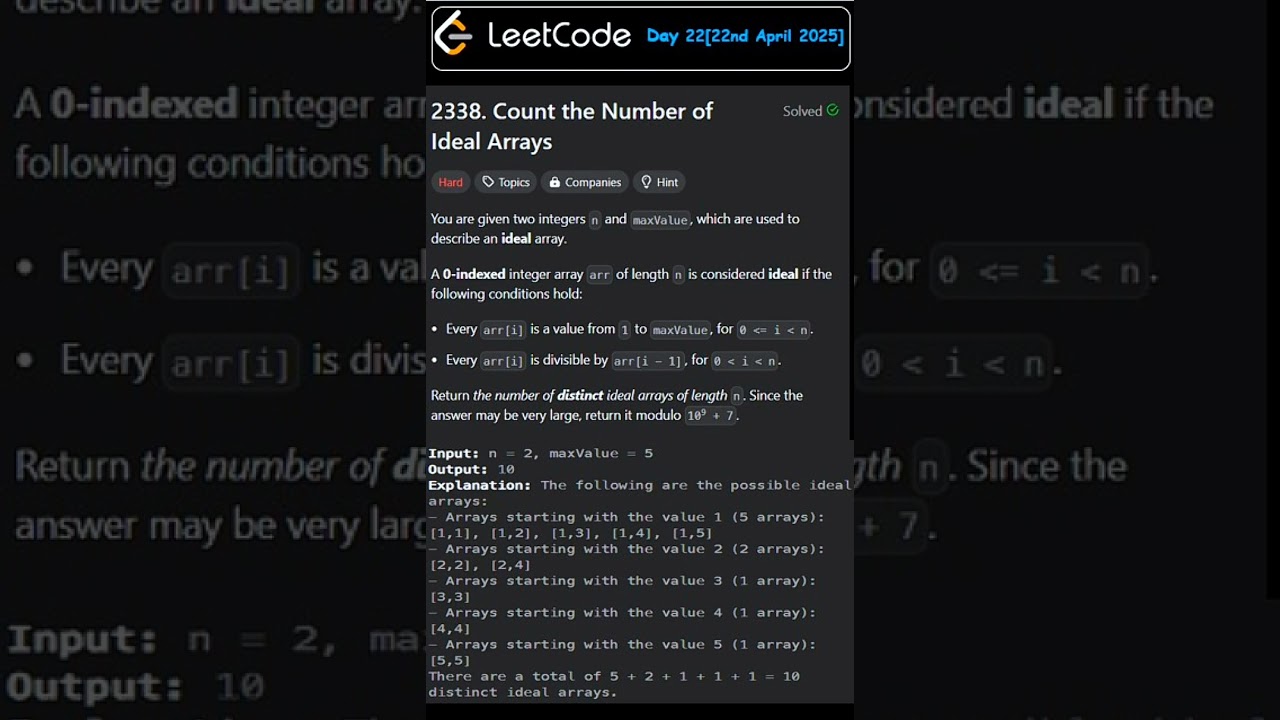 DAY 22/365 OF CODING CHALLENGE | COUNT THE NUMBER OF IDEAL ARRAYS