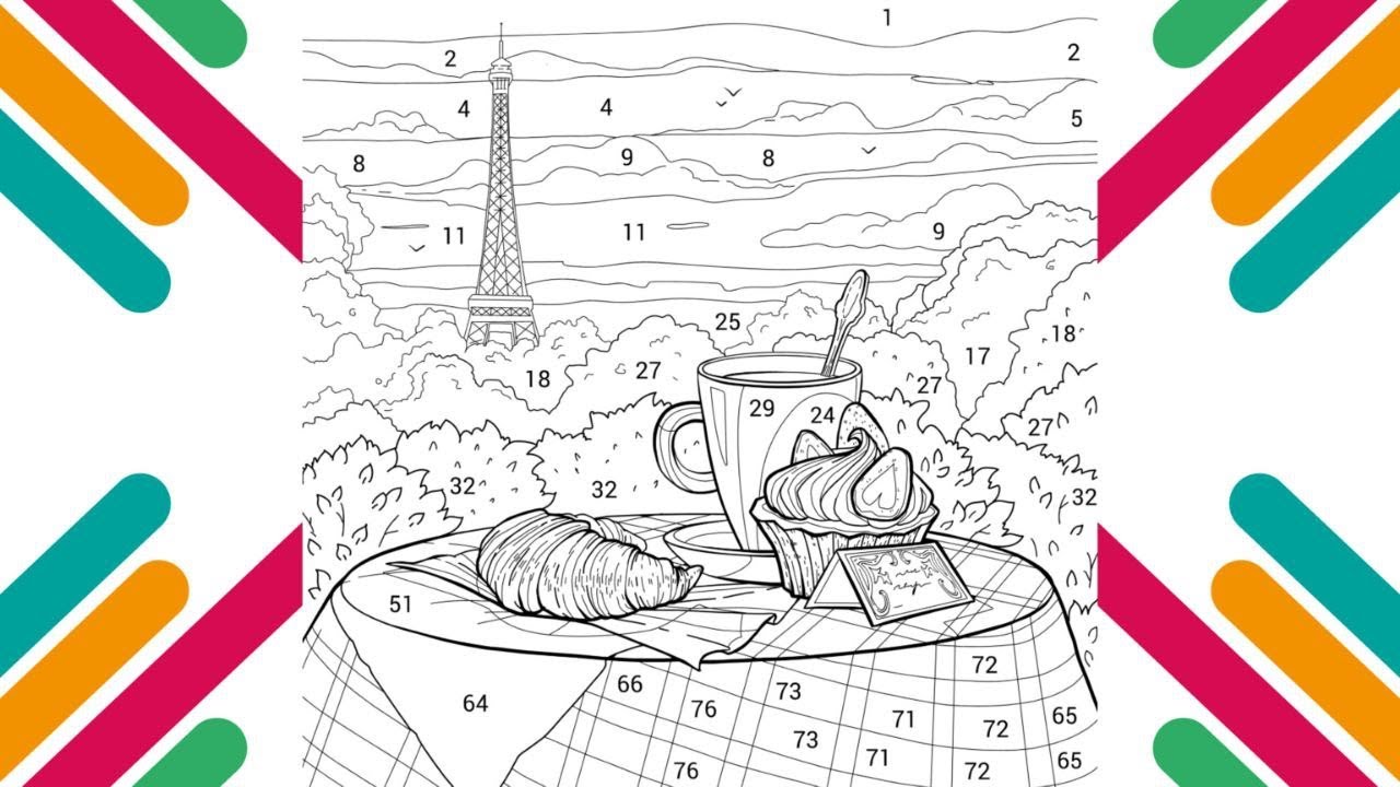 Breakfast with a view of the Eiffel Tower. Coloring page by numbers