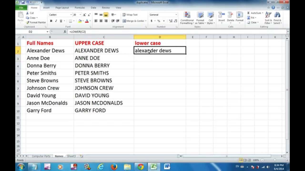 Excel 2010 Tutorial: How to change the case into upper and lower case.