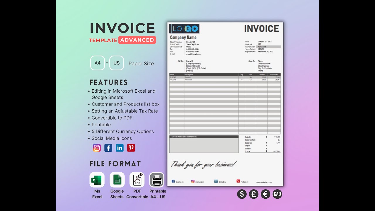 Excel advanced invoice template, Google sheets template, instant download