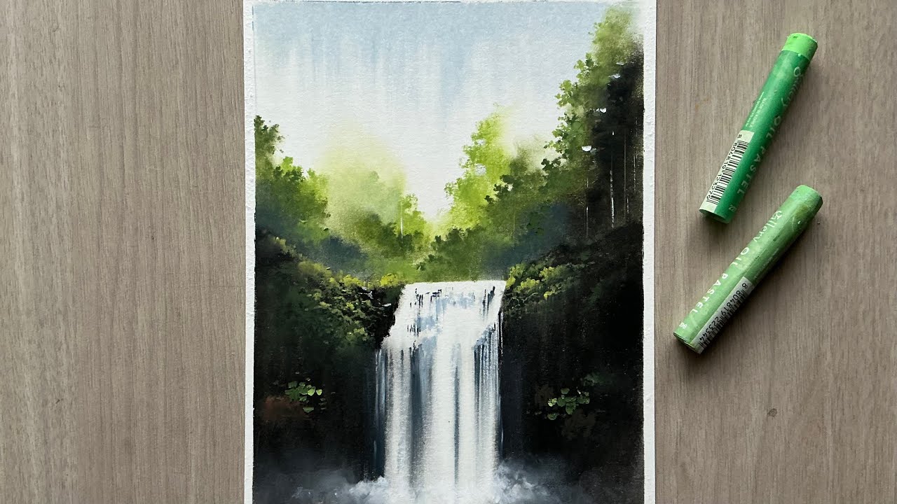 A quiet waterfall in forest - oil pastel scenery