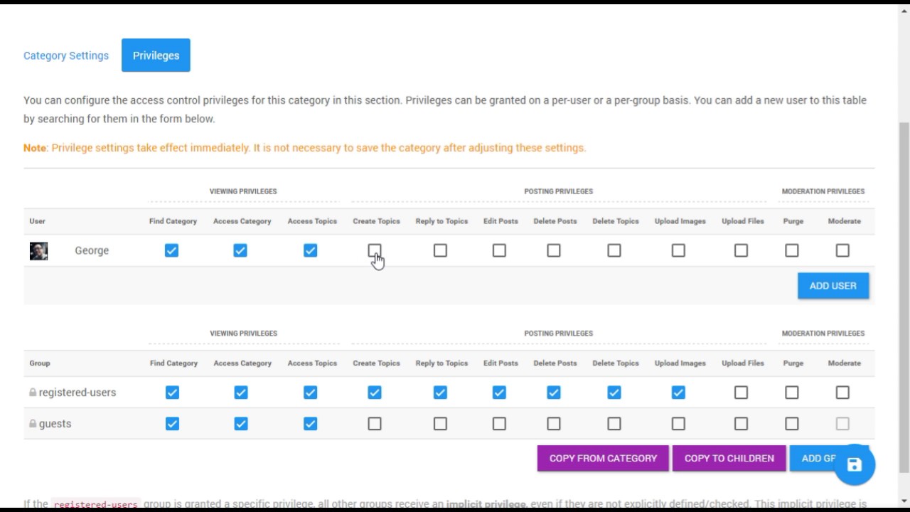 NodeBB privileges overview