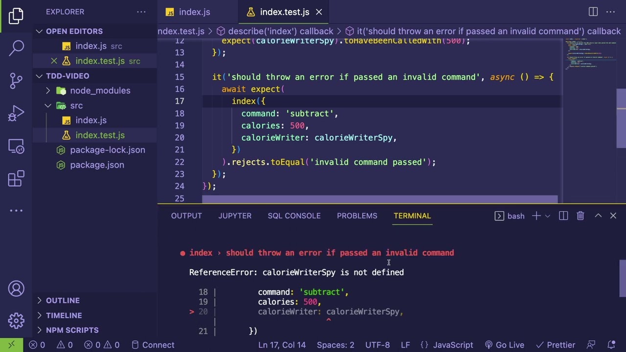Practicing TDD with Jest & Javascript building a Calorie Tracker CLI tool (Nodejs)