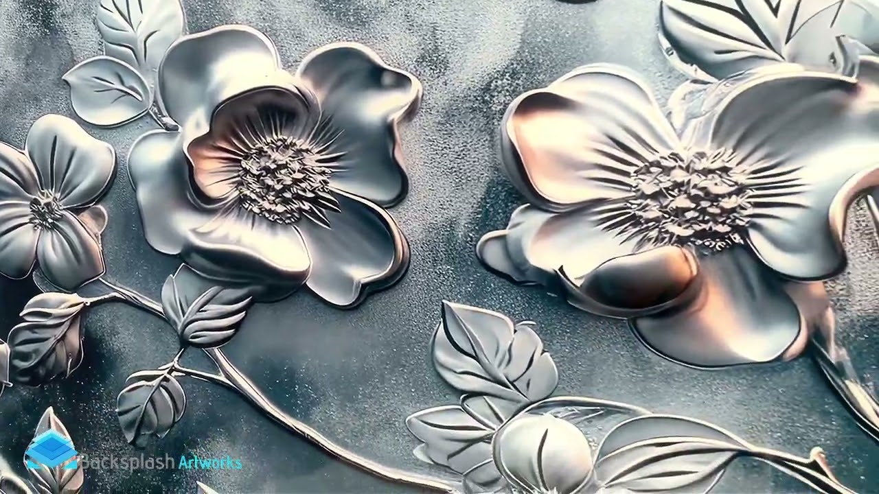 Silver Blossom Elegance - Glass Kitchen Backsplash