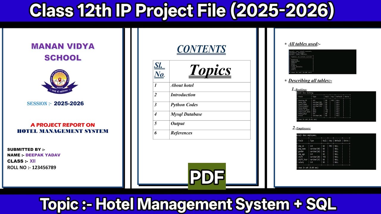 Class 12 IP Project File 2025-26 | Hotel Management System using SQL | PDF & Output Available 