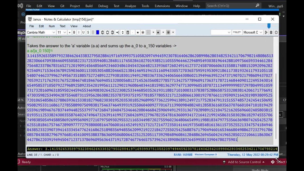 Chudnovsky algorithm through my program (2,000 digits; slow BigDecimal power operation)...