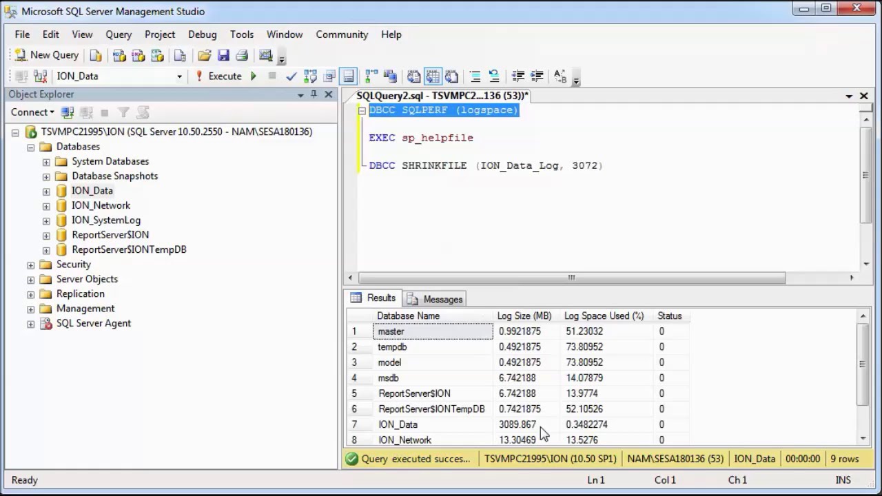 Shrinking the ION_Data LDF File via SQL Server Management Studio | Schneider Electric Support
