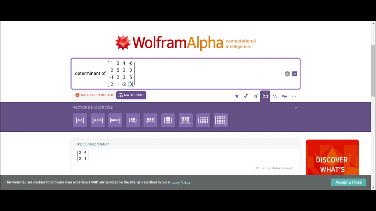 How to Use Wolfram Alpha to Solve for the Determinant of a 4 x 4 Matrix?