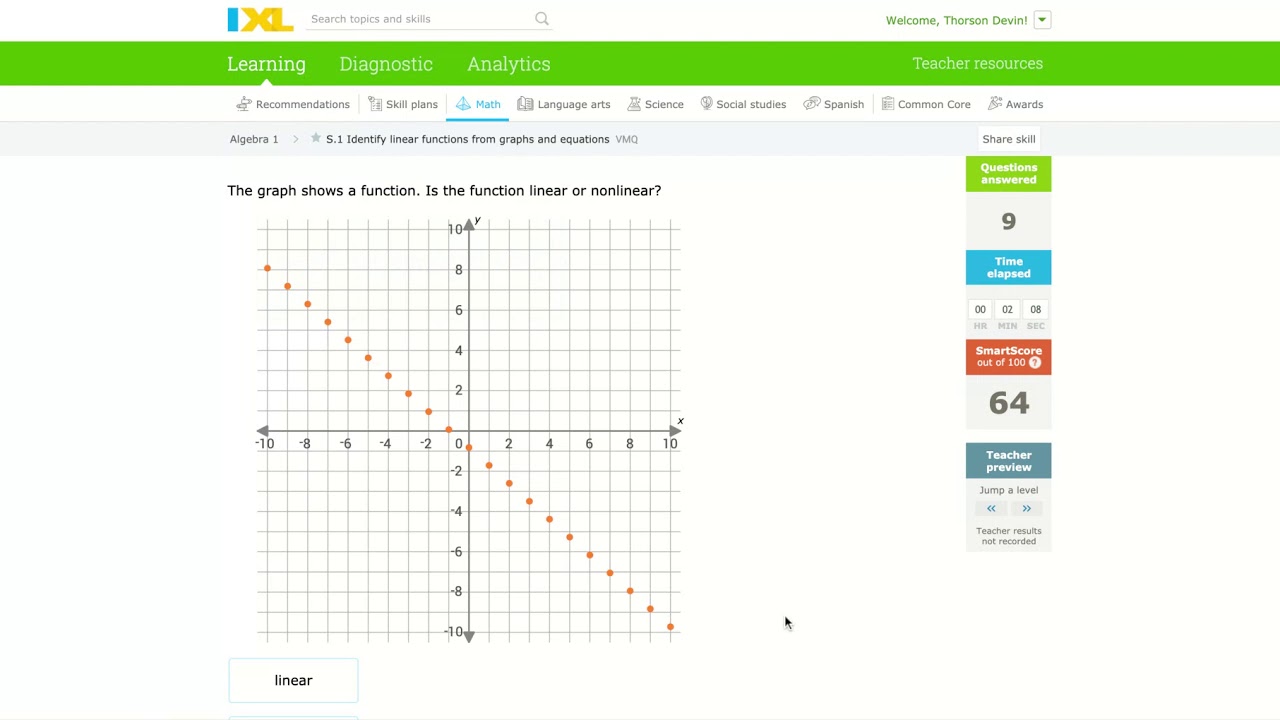 IXL - Identify linear functions from graphs and equations (Algebra 1 practice)