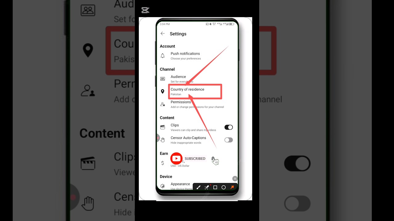 how to select country in YouTube channel
