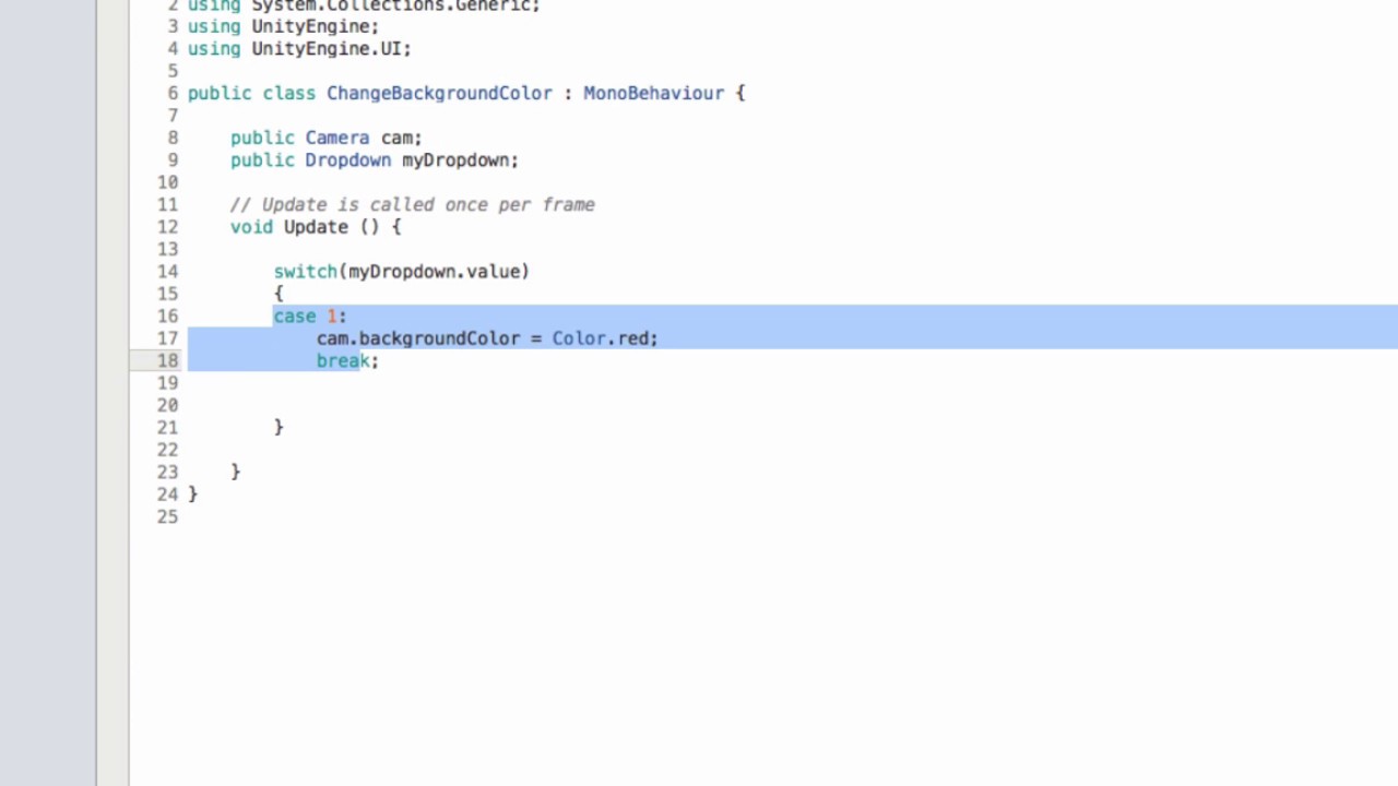 Unity C# Using Dropdown menu to change background color with switch Statement